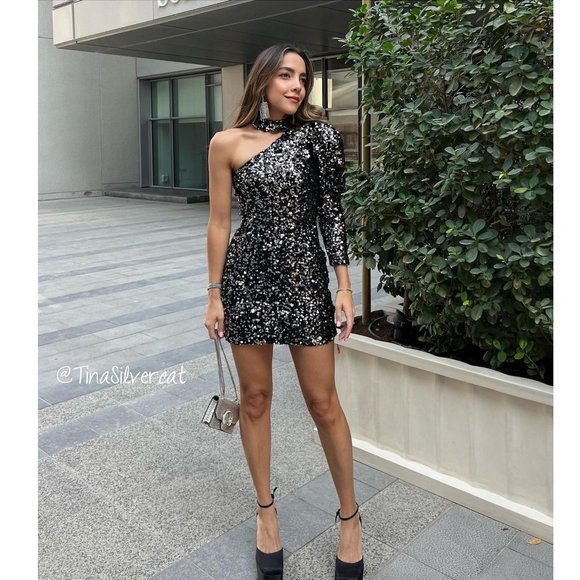 Zara | Dresses | Bloggers Fave Zara Sequin Mini Dress Blacksilver Nwt ...